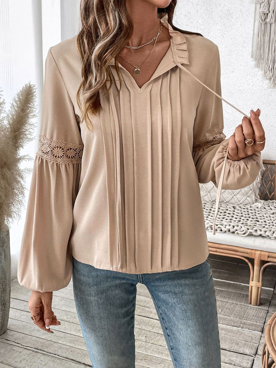 Perfee Frill Tie Neck Long Sleeve Blouse – Direct Fashions For Less